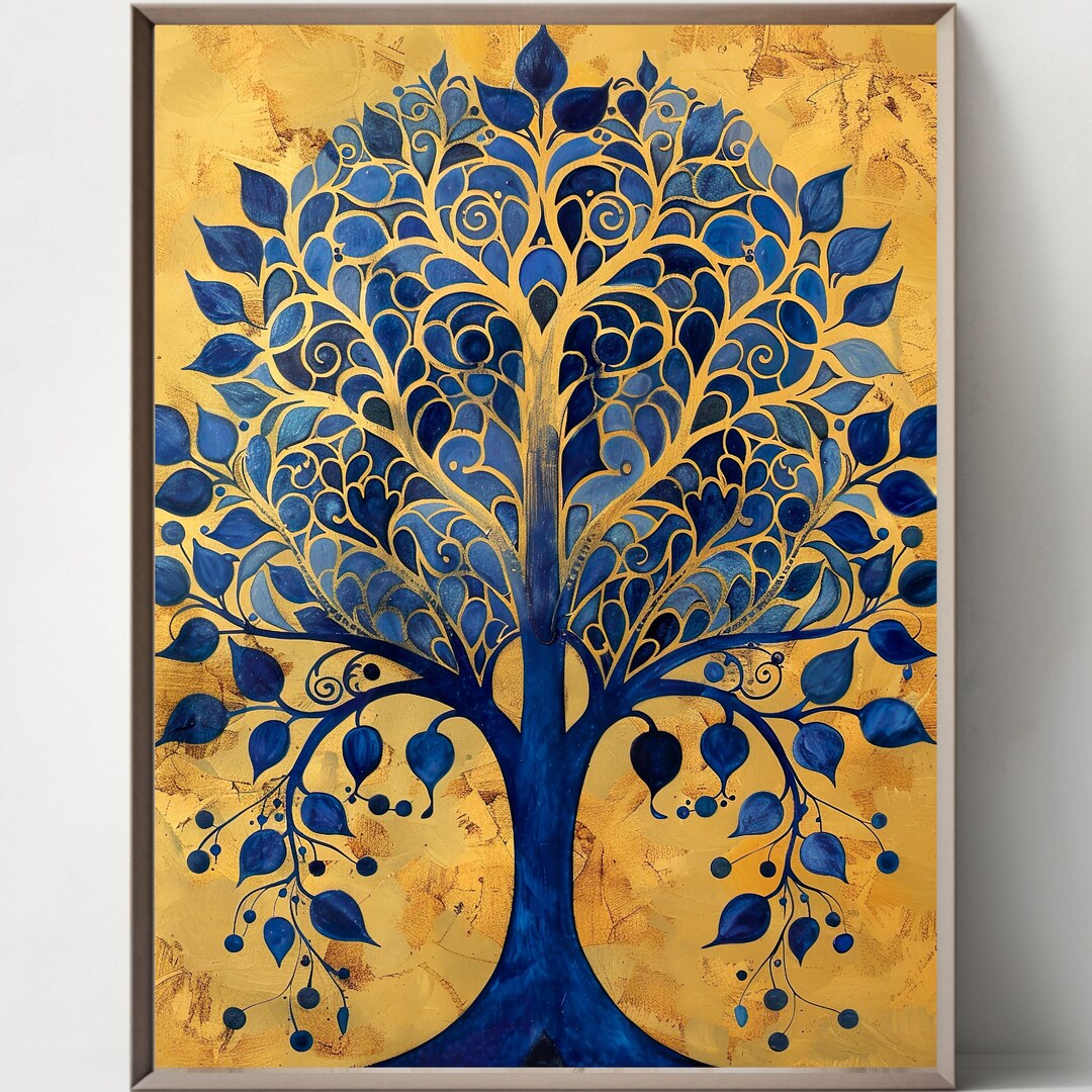 Art Nouveau Tree of Life, Mexican Painting, Vintage Blue and Gold ...