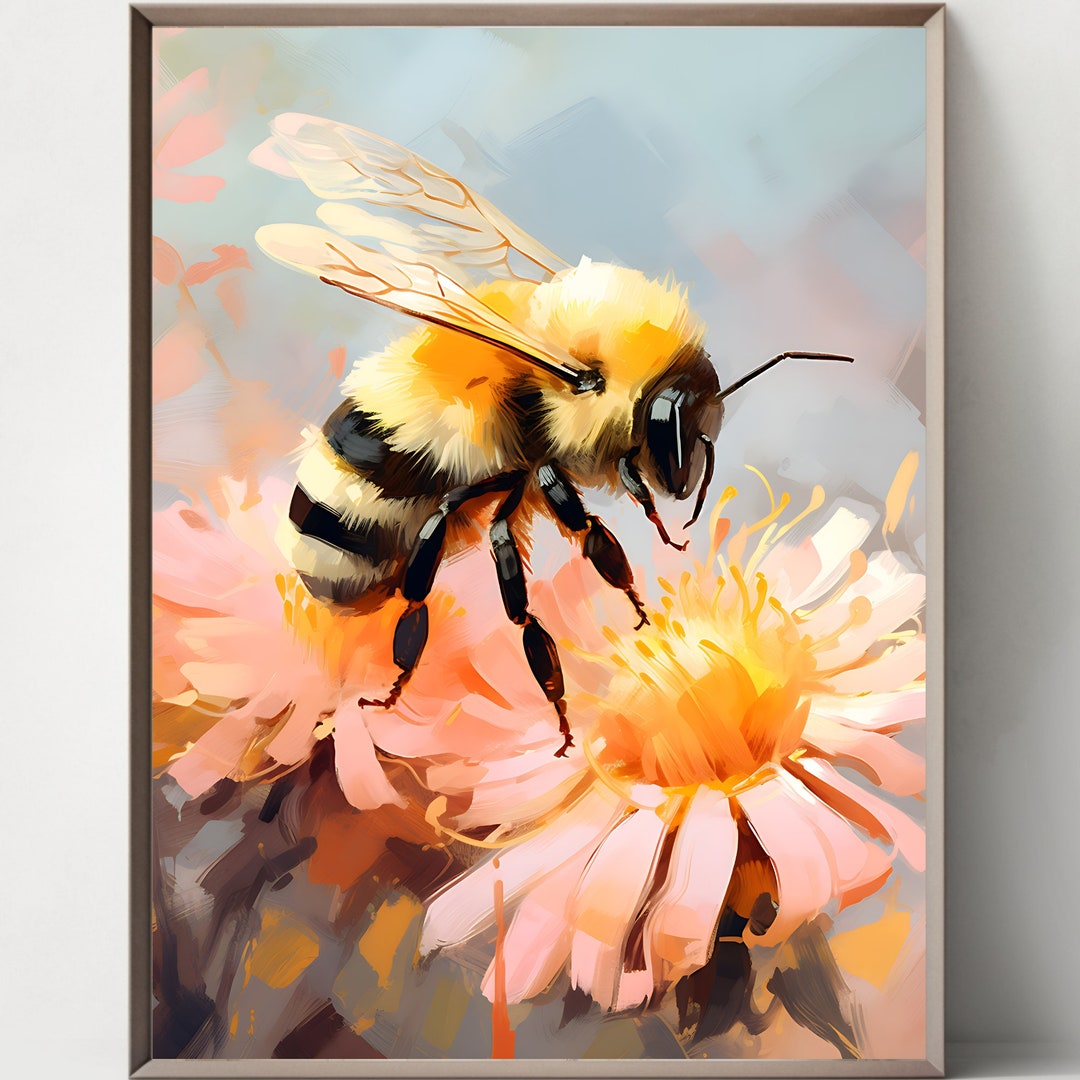 Bee Art Print, Bee in Pink Flowers, Bee Impasto, Bee Painting, Bee ...