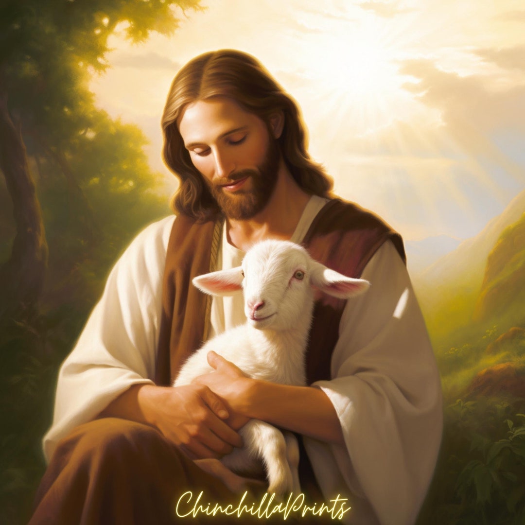 Set of 2 Painting of Jesus Christ Holding a Baby Lamb Christian Art ...