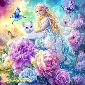 Princess and White Cat Art Print: Colorful Fairytale (digital Download ...