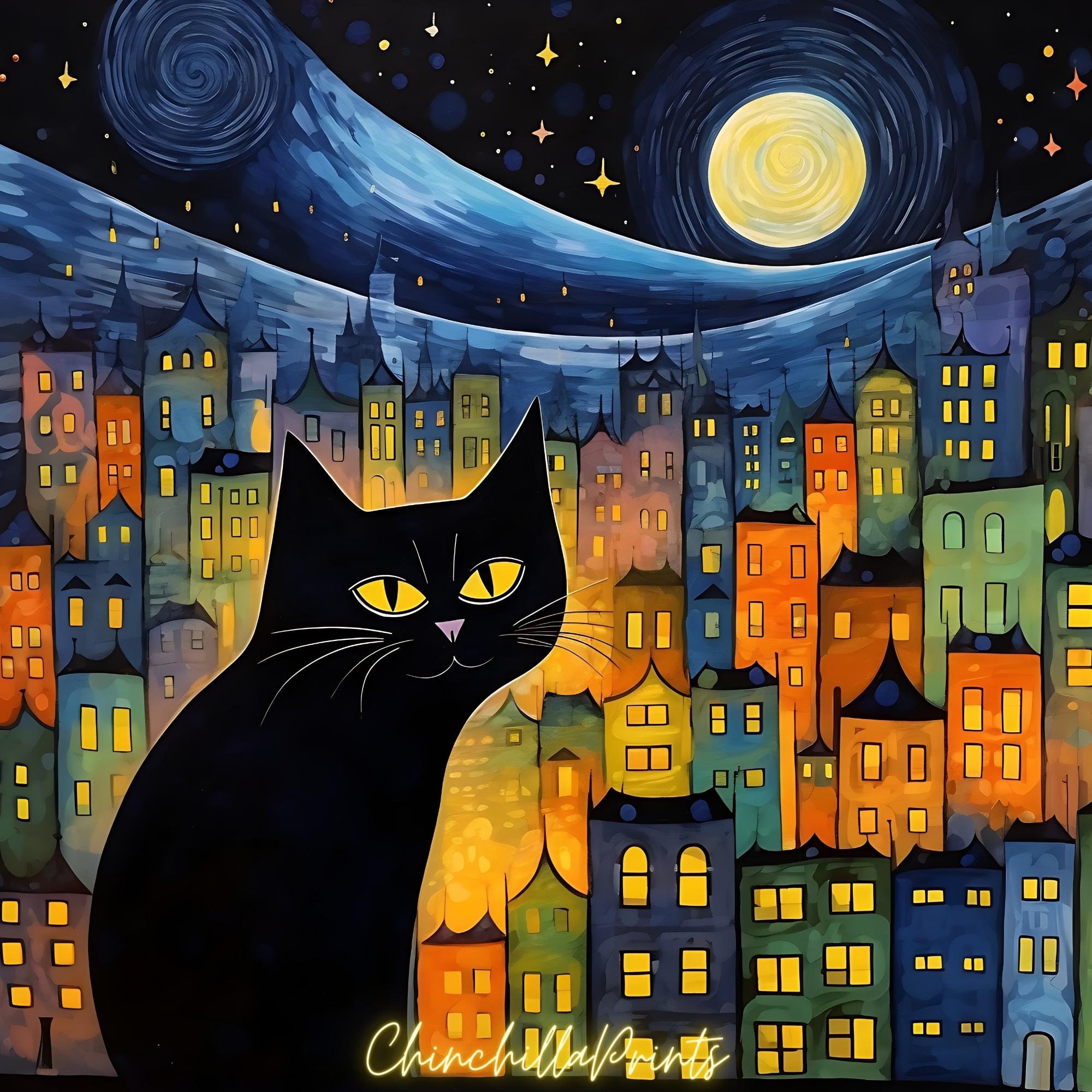 Cat in the Night City Contemporary Painting Fashionable Art - Etsy