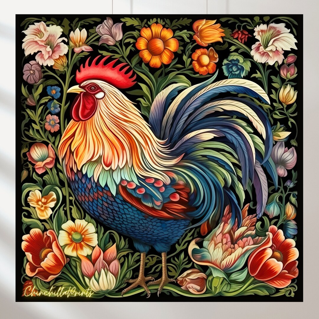 Set of 5 Rooster in Art Nouveau Style, Beautiful Roosters in Flowers ...