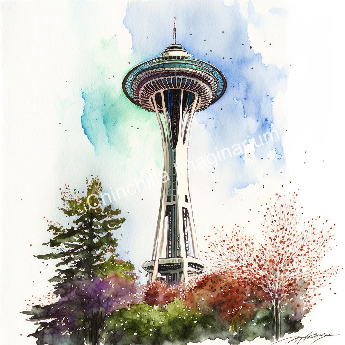 Seattle Space Needle Art Print Wall Decor Painting Landmarks Washington ...