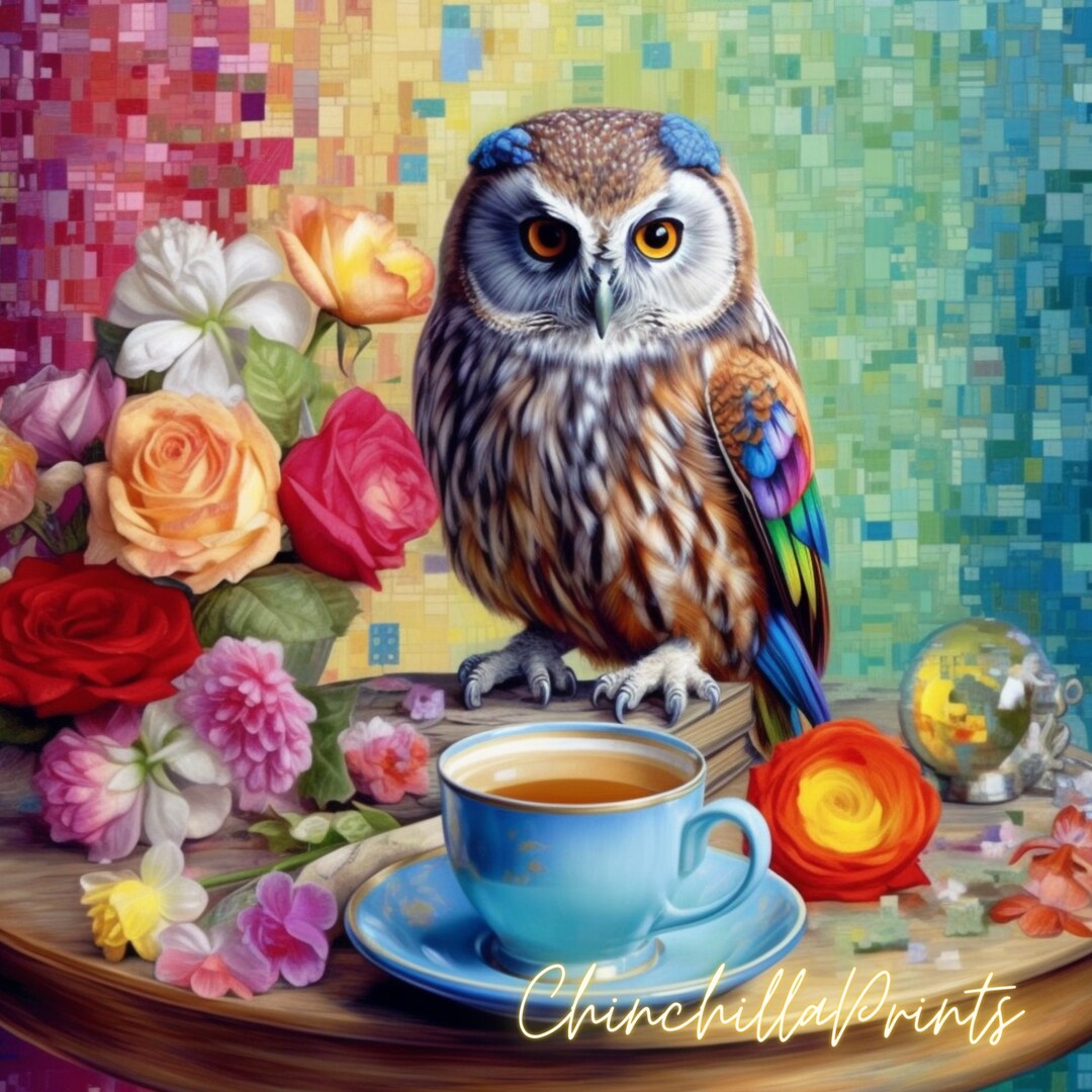 Owl Tea Party Colorful Painting Modern Art Wall Decor - Etsy