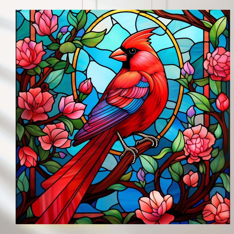 Set of 5 Red Cardinal Stained Glass Art Print (digital Download) - Etsy