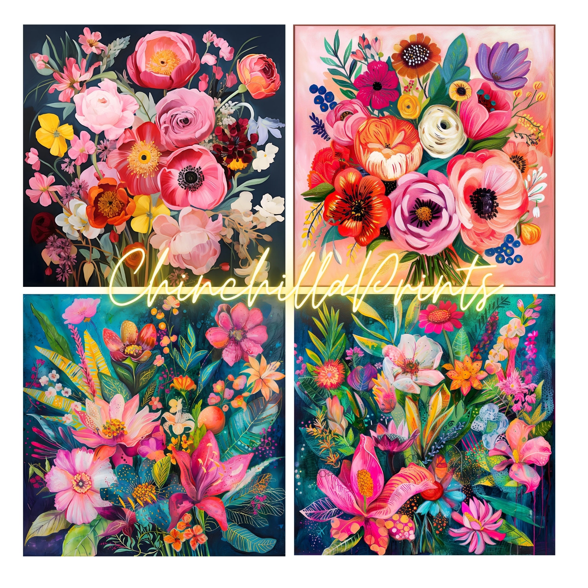 Eclectic Floral Set of 5 Poster - Flower Wall Art - Colorful Bouquet ...