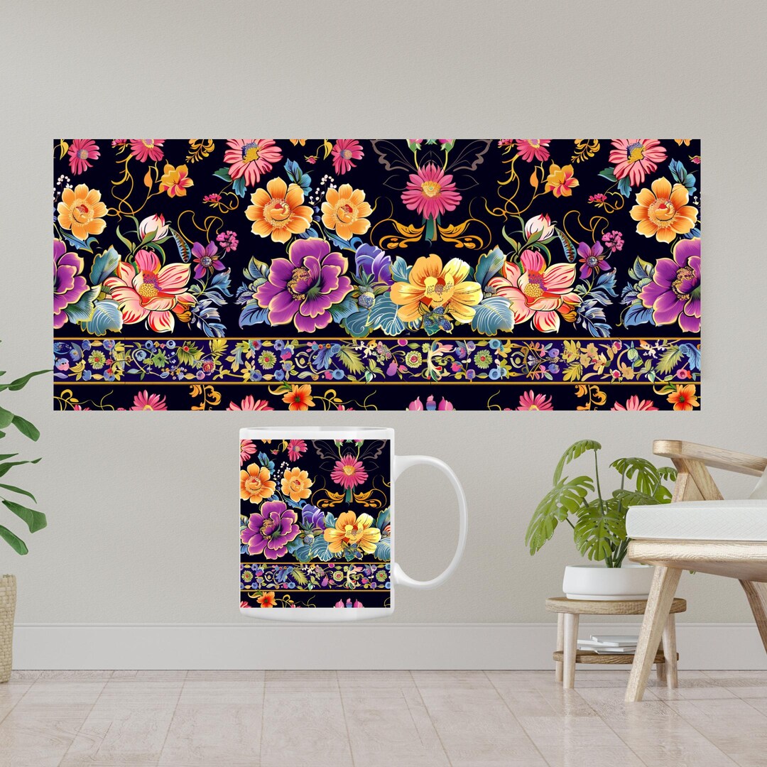 Floral Cup Design Wall Art: Seamless Illustration (digital Download) - Etsy