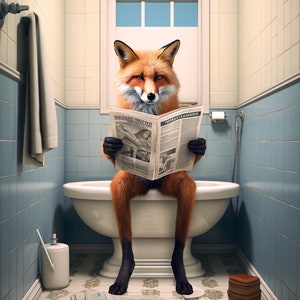 Wolf Fox Sitting on the Toilet and Reading a Newspaper Fun Wall Decor ...