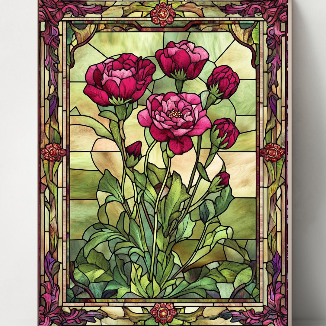 Set of 5 Art Deco Floral Stained Glass Prints, Vintage Style (digital ...