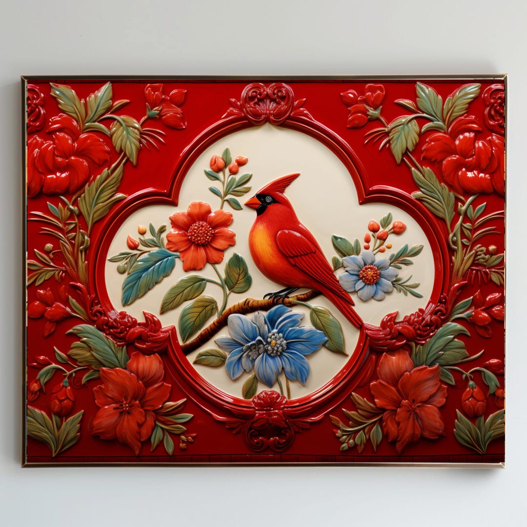 Red Cardinal Set of 3 Tile Design, Floral Illustrations, Imitation ...