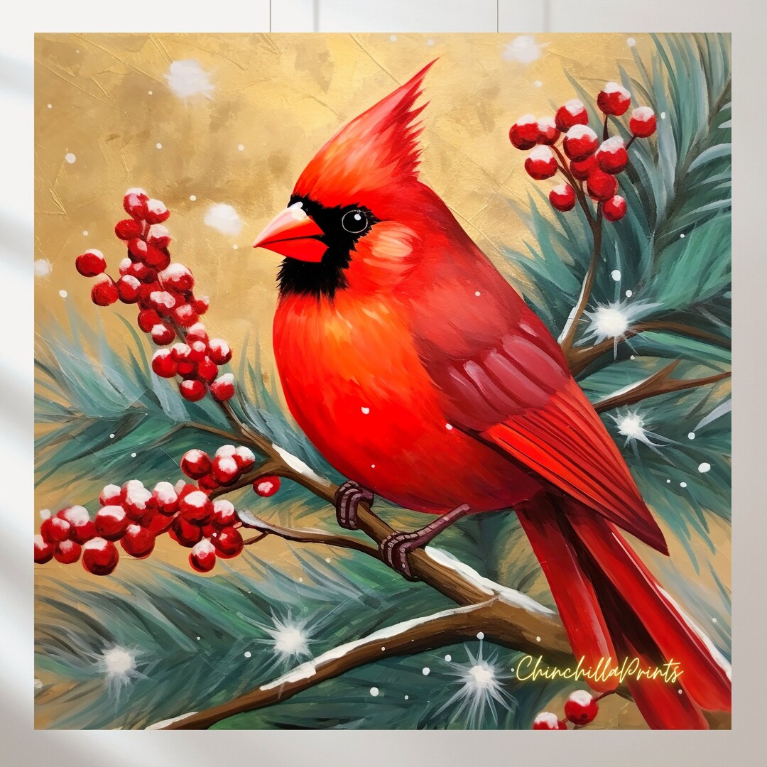 Red Cardinal Christmas Art Print: Winter Pine Branch (digital Download ...