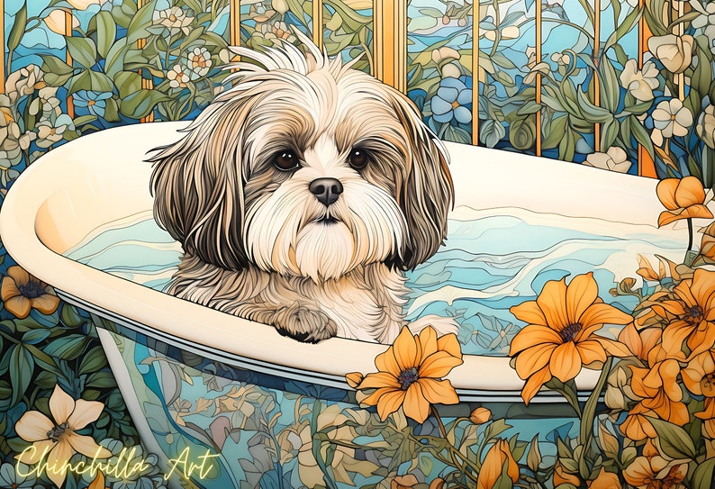 Shih Tzu Sitting on the Toilet Shabby Chic Oil Painting Bathroom Decor ...