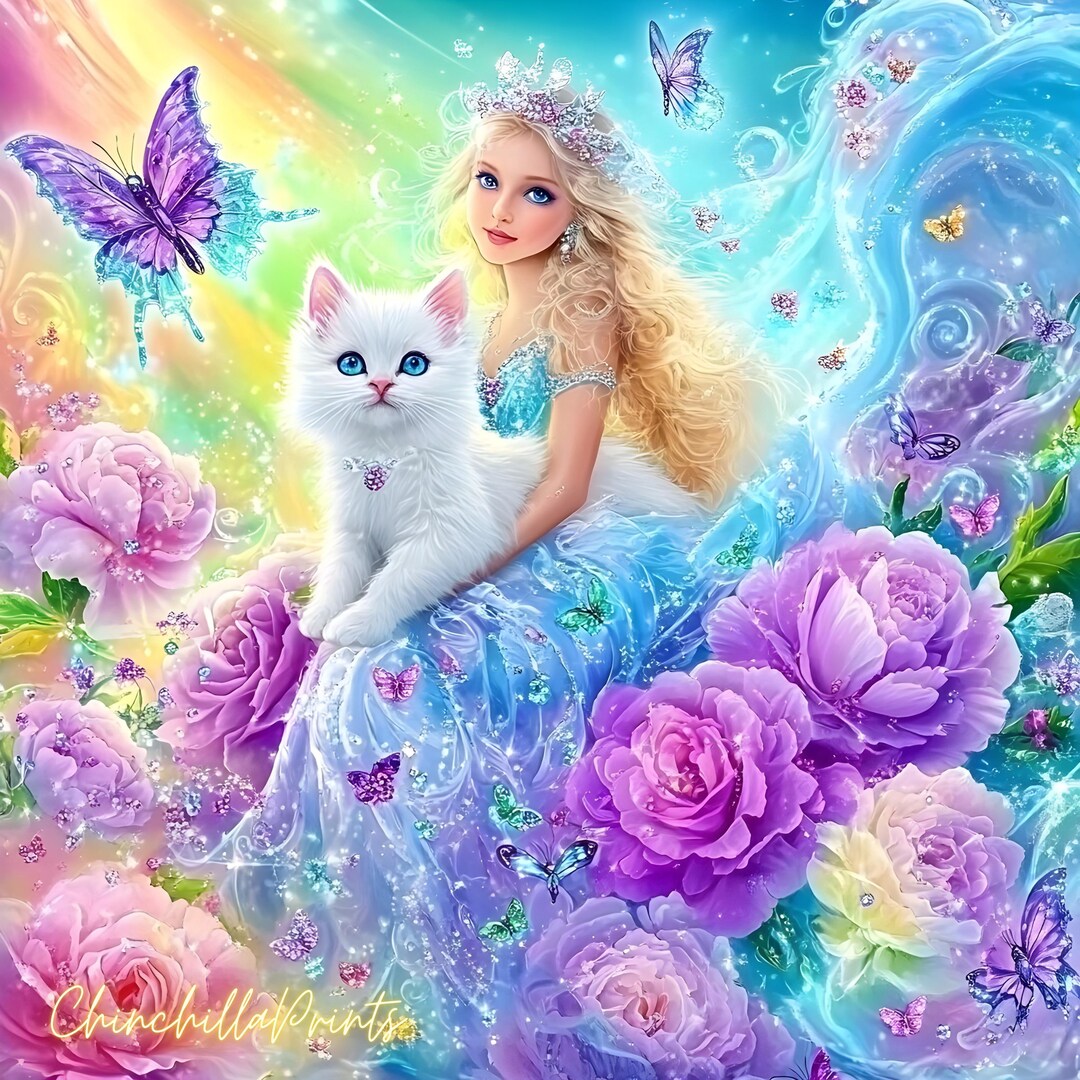 Princess With a Cat Set of 5, White Cat, Colorful Fairy Tale, Colorful ...