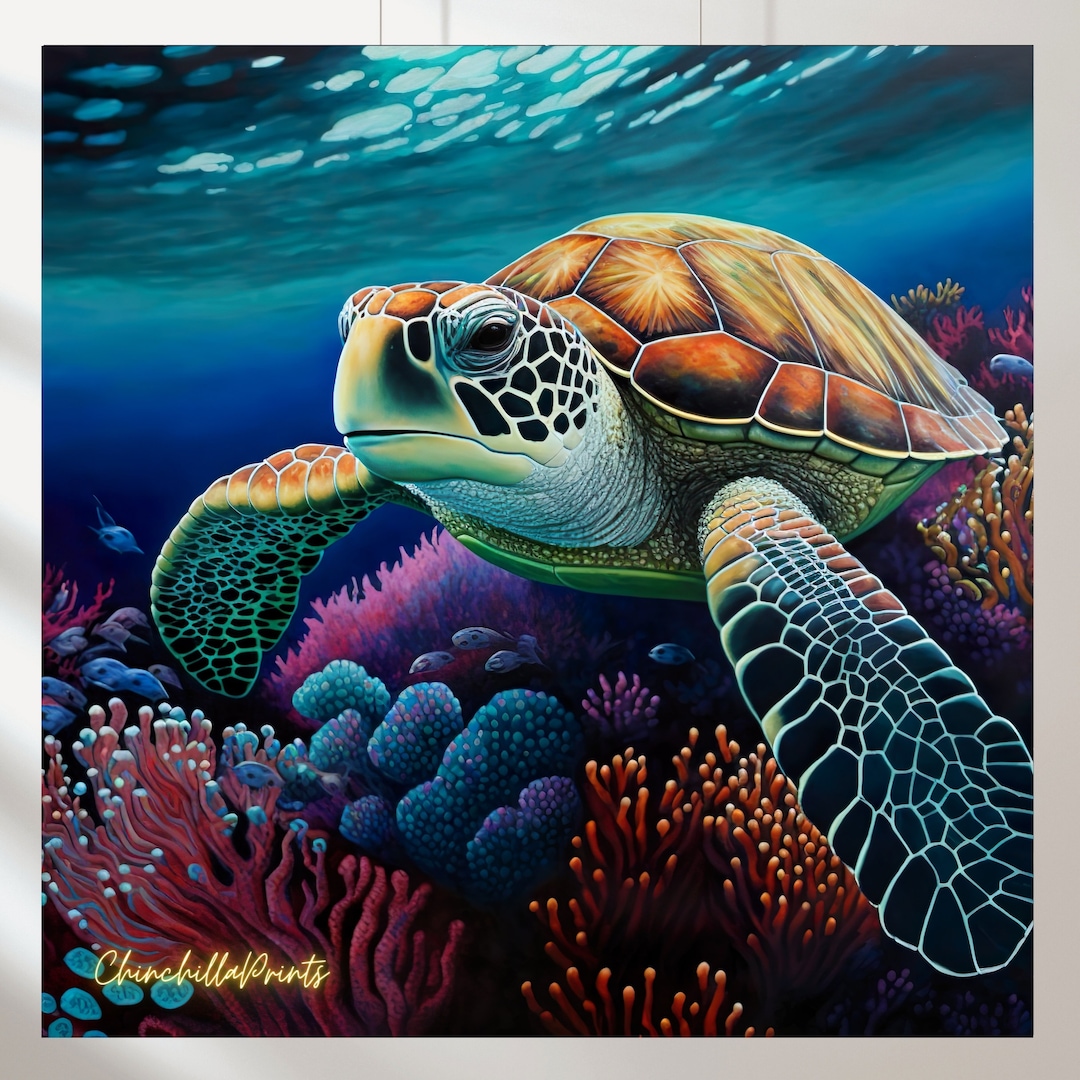 Turtle Art Print Set: Vivid Ocean Painting, Bathroom Wall Decor ...