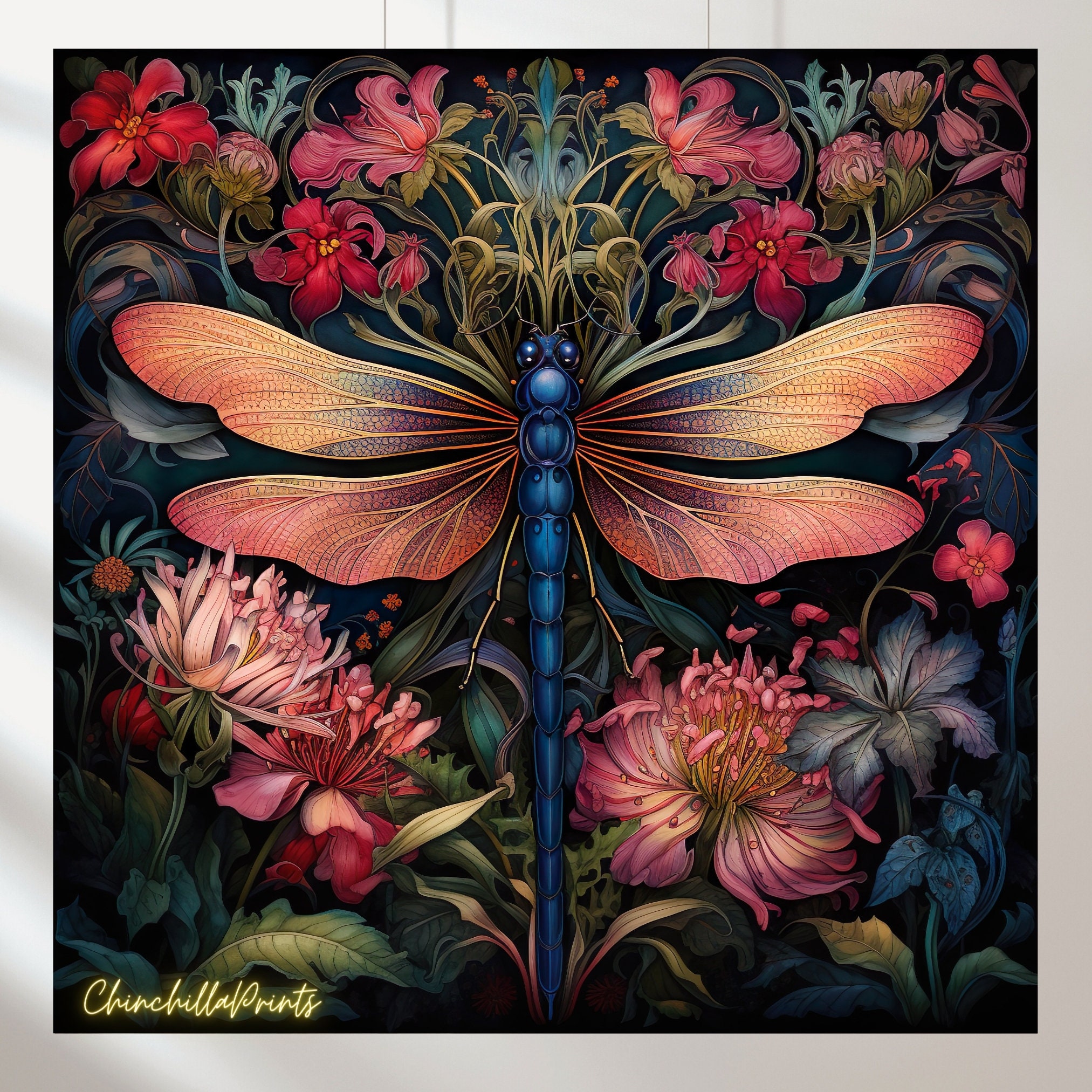 Dragonfly Art Nouveau Dragonfly, Beautiful Dragonfly in Flowers, Wall ...