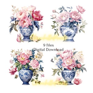Set of 9 Chinoiserie Vase Watercolor Clipart Set: Chinese Art (JPG ...