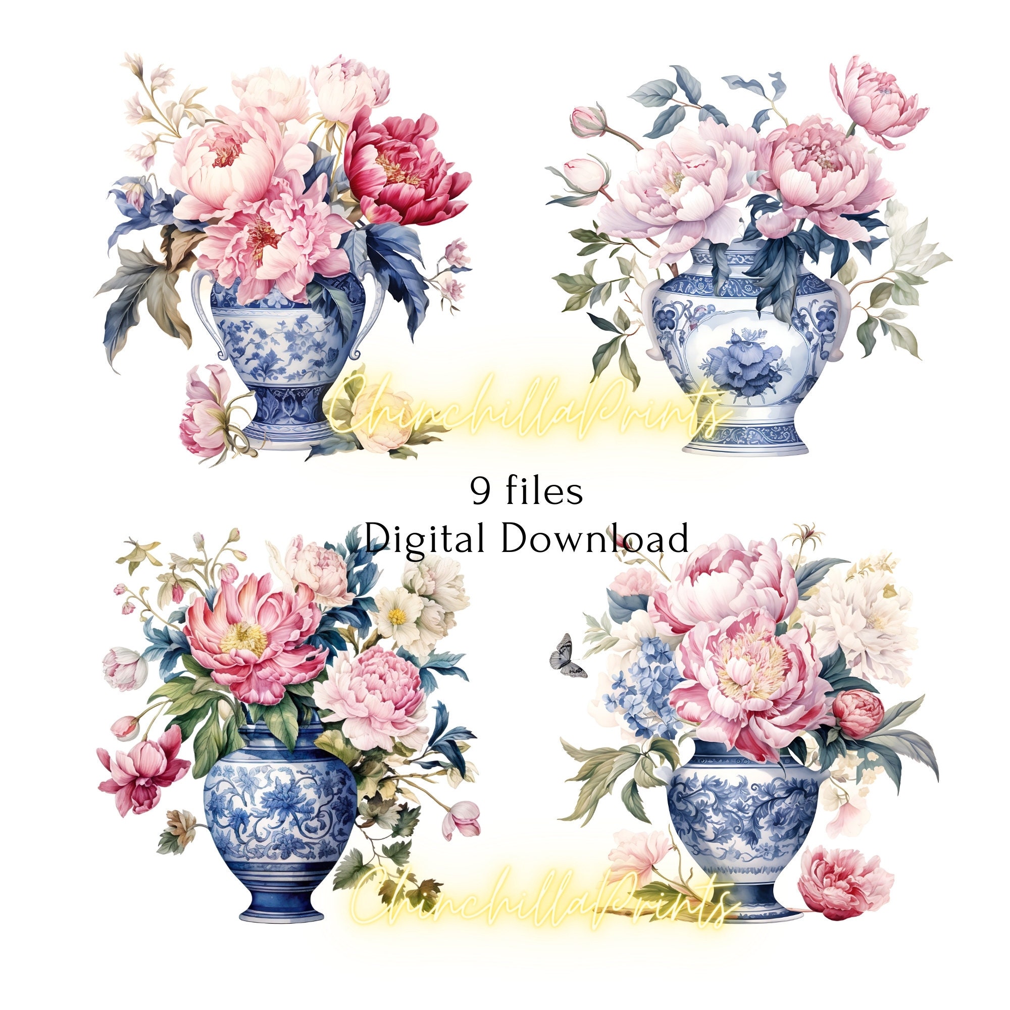 Set of 9 Chinoiserie Vase Watercolor Clipart Set: Chinese Art (JPG ...