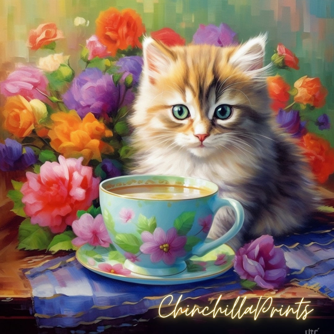 Very Cute Kitty Art Print Coffee With a Kitten Garden Cat Print Vintage ...
