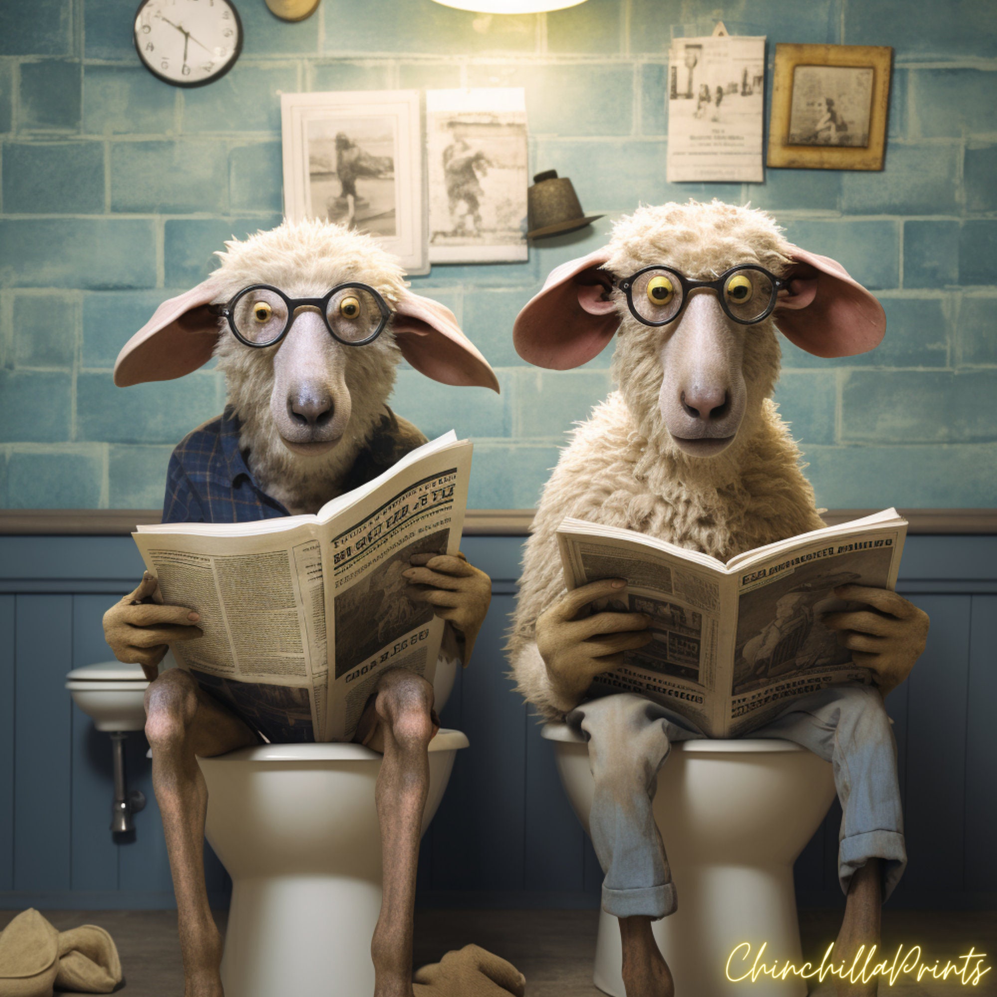 Sheep Sitting on the Toilet Reading Newspaper, Funny Bathroom Wall ...