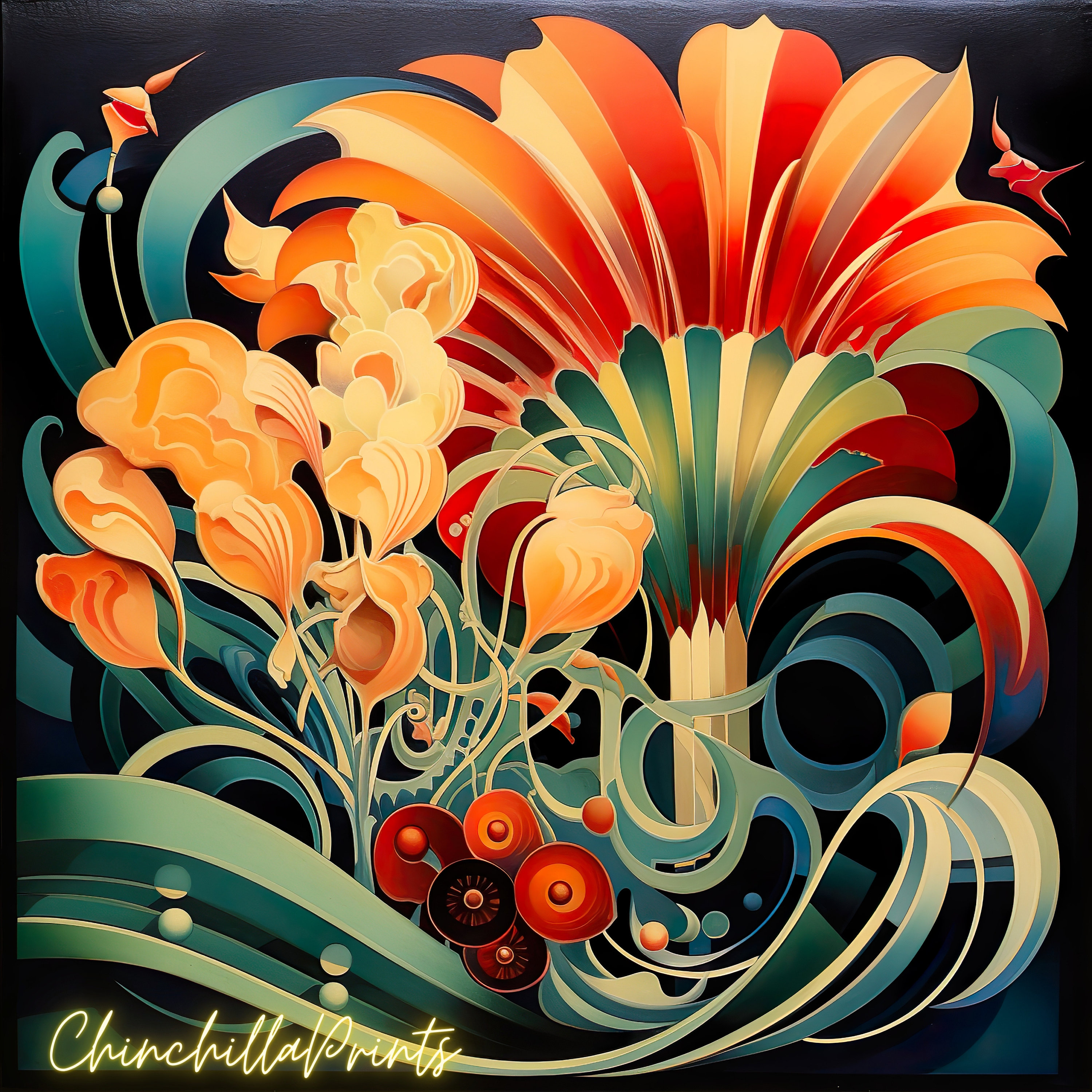 Art Deco Flowers Abstract Art Deco Wall Art Floral Peacock Vintage ...