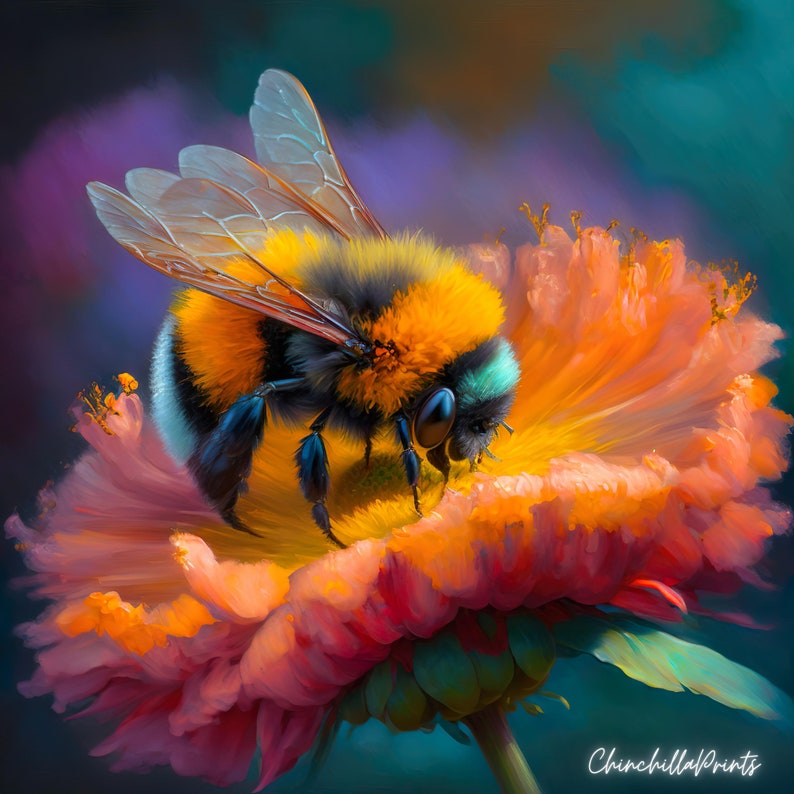Bumblebee on a Flower Bumblebee Art Print Oil Style Bee Art - Etsy