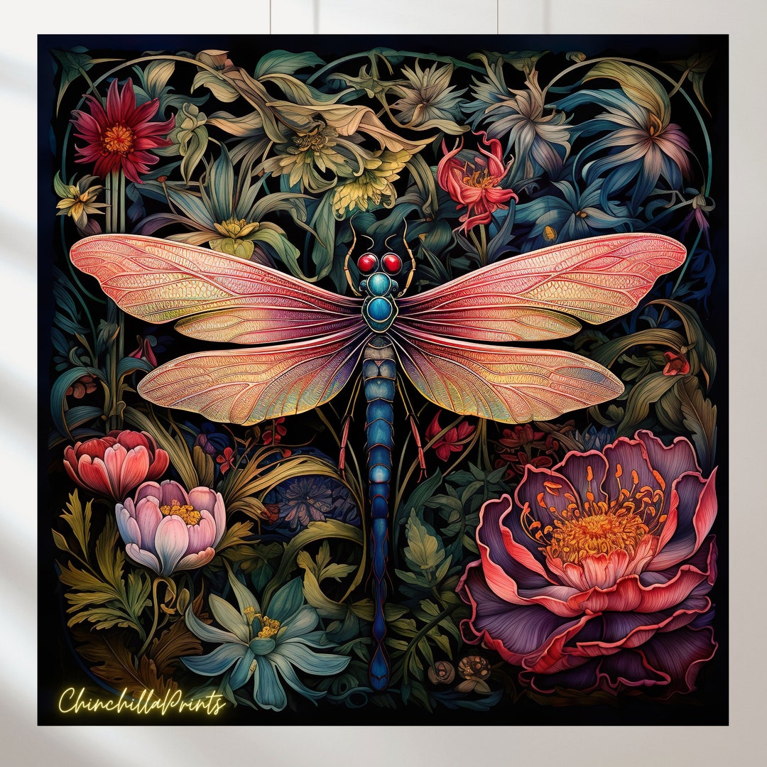 Dragonfly Art Nouveau Dragonfly, Beautiful Dragonfly in Flowers, Wall ...