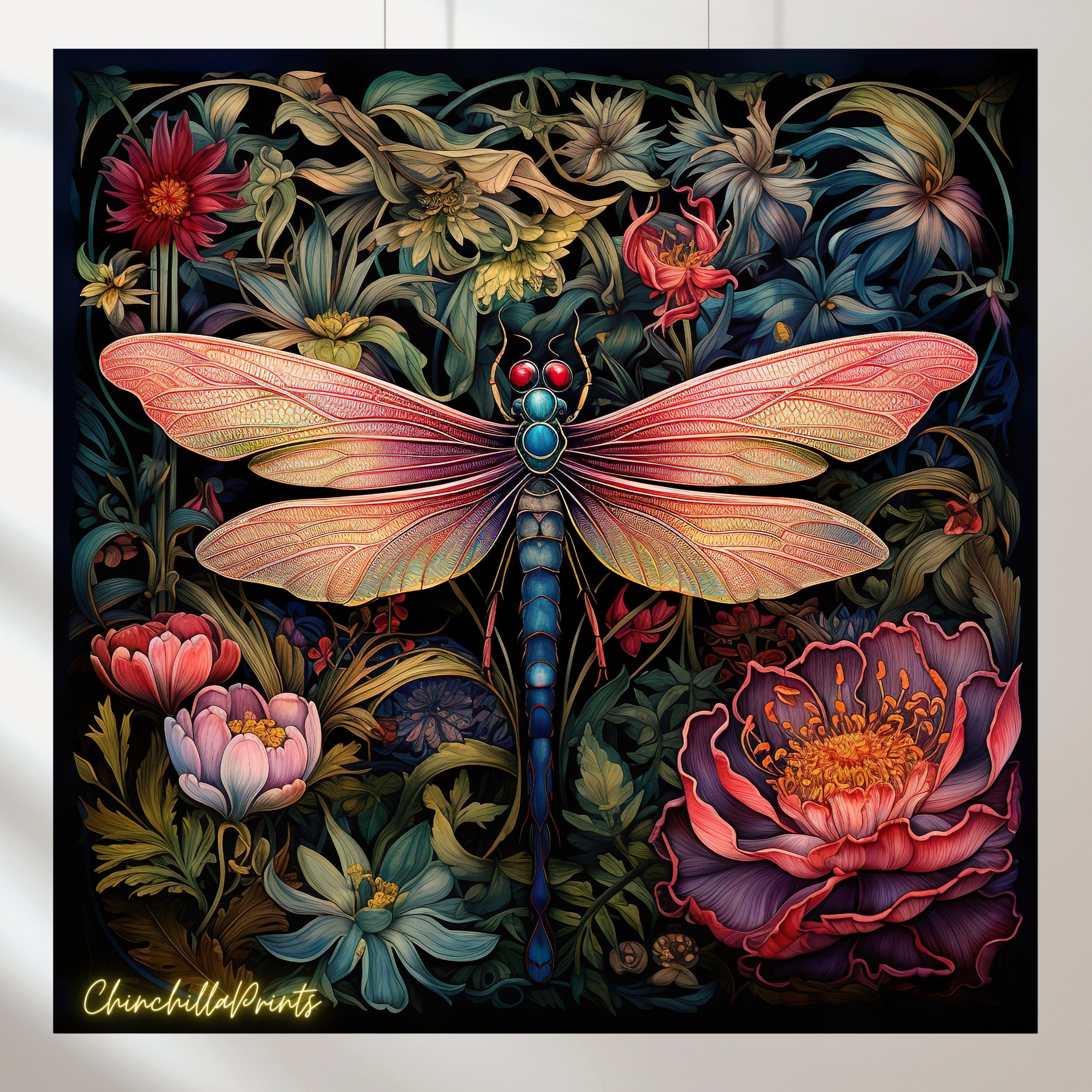 Dragonfly Art Nouveau Dragonfly, Beautiful Dragonfly in Flowers, Wall ...