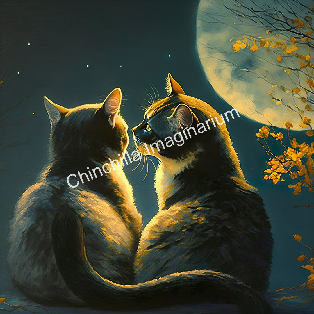 Cats in Moonlight Love Cats Moon Art Oil Art Print Digital Download ...