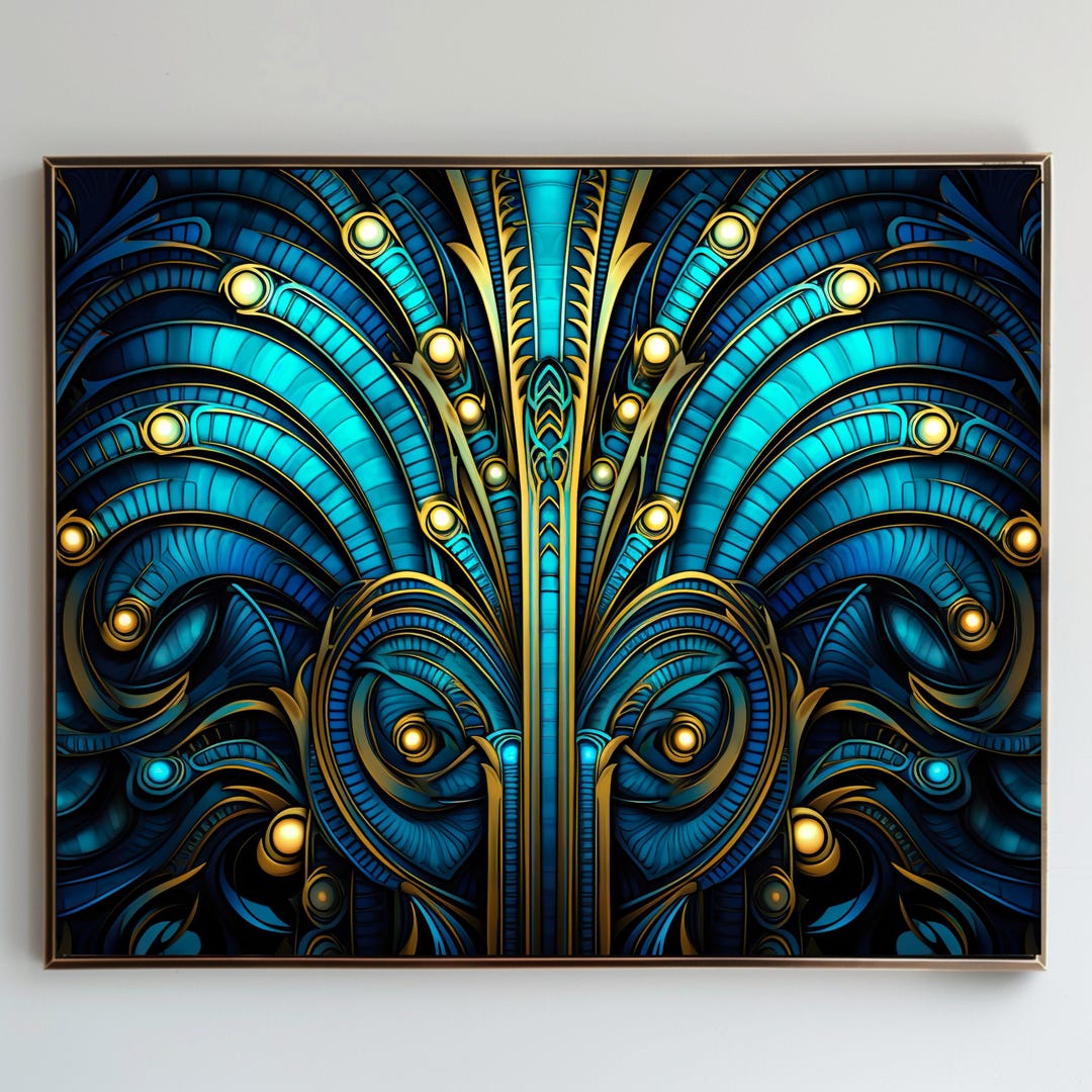 Blue Gold Abstract Peacock Tail Art Deco Decor Blue Gold Print Blue ...