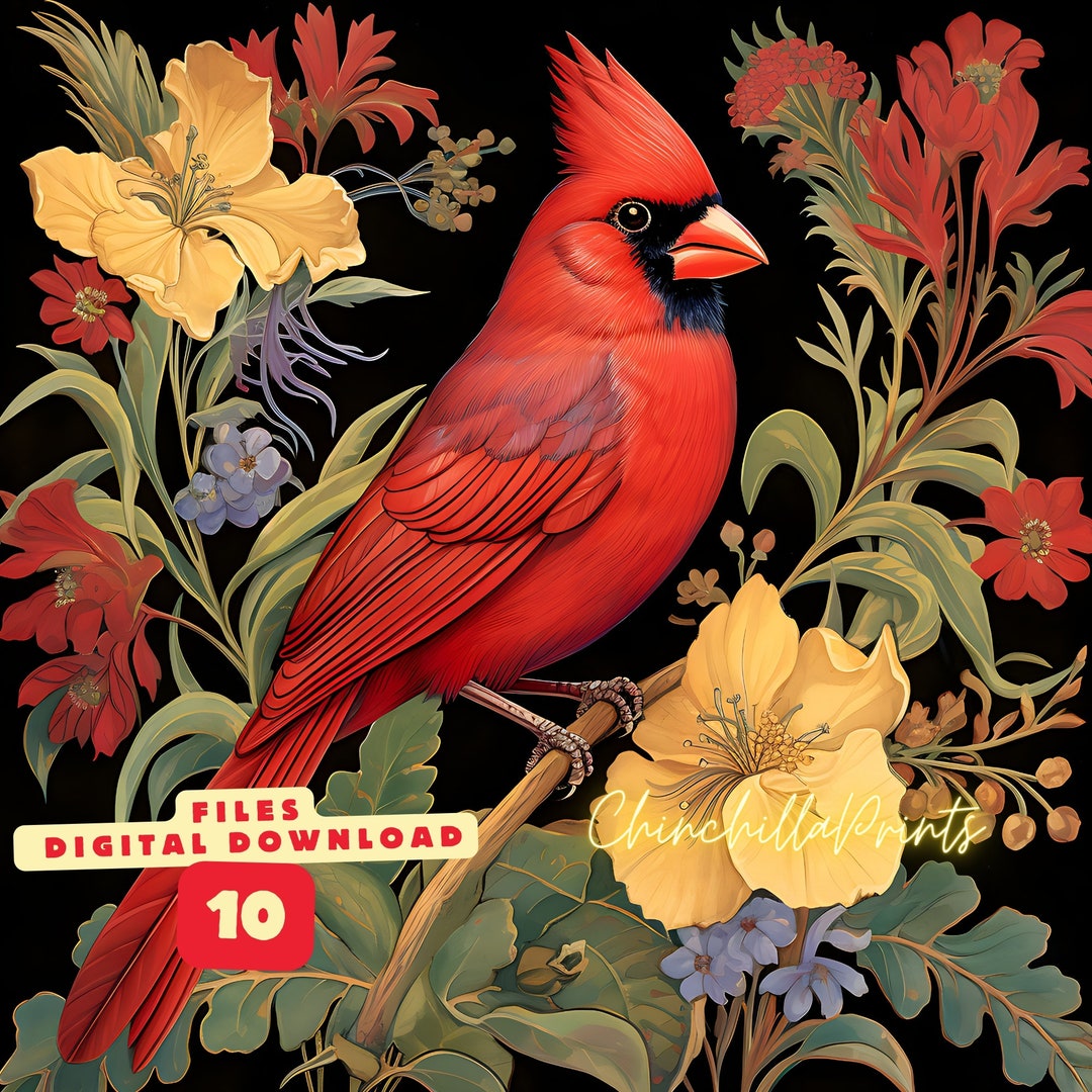 10 Red Cardinal Art Print, Art Nouveau, Red Cardinal on Rhododendron ...