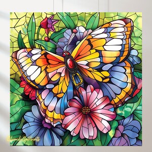 Colorful Stained Glass Butterflies on Flowers, Commercial Use, Instant ...