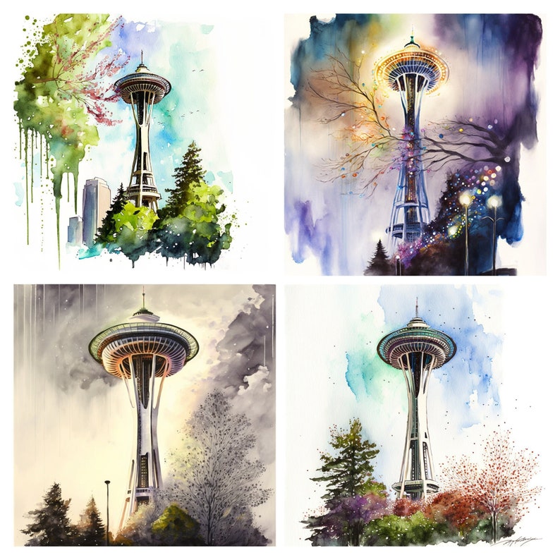 Seattle Space Needle Art Print Wall Decor Painting Landmarks Washington ...