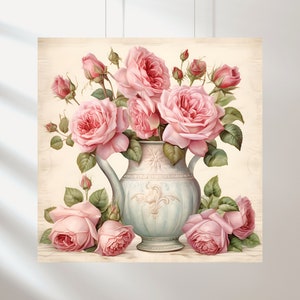 Shabby Chic Pink Rose Vintage Roses in a Clay Vase in Shabby Chic Style ...