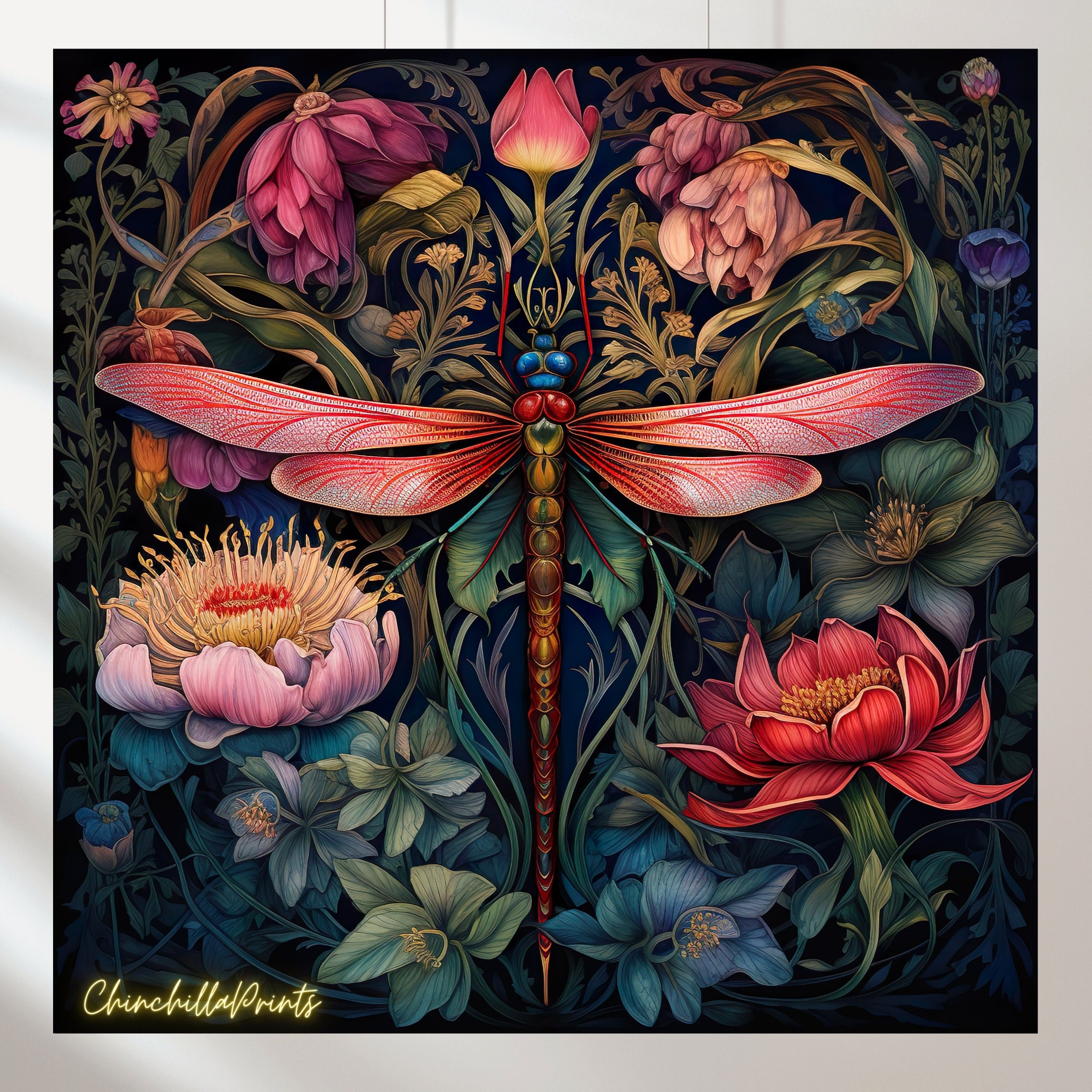Dragonfly Art Nouveau Dragonfly, Beautiful Dragonfly in Flowers, Wall ...