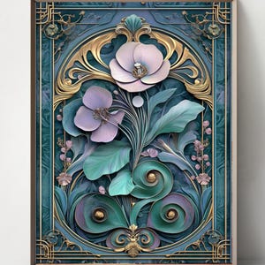 Set of 5 Art Deco Floral Print Set: Vintage Stained Glass Style ...