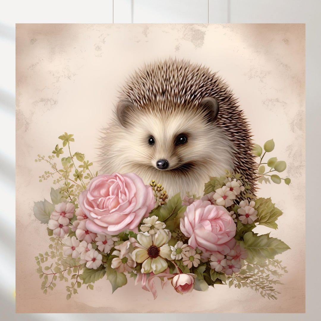 Hedgehog Shabby Chic Style, Vintage Illustrations Hedgehog and Chicken ...