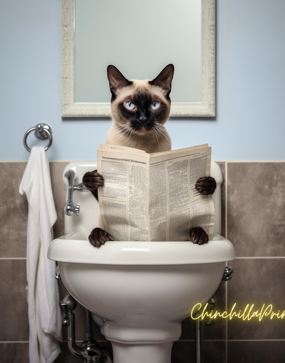 Cat Siamese Burmese Cat Cat Sitting on the Toilet Reading a Newspaper ...