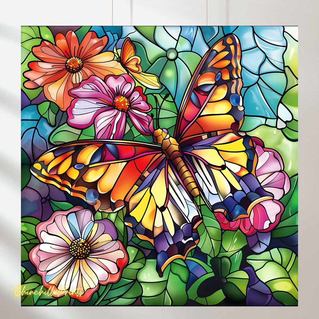 Colorful Stained Glass Butterflies on Flowers, Commercial Use, Instant ...
