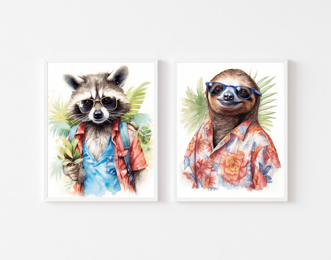 Sloth Art Print Raccoon Art Print Summer Sloth Print Cute - Etsy