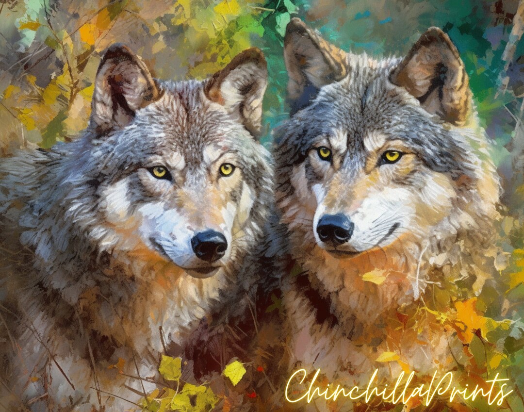 Set of 4 Printable Wolves in the Forest, Maximalist Animal Prints With ...