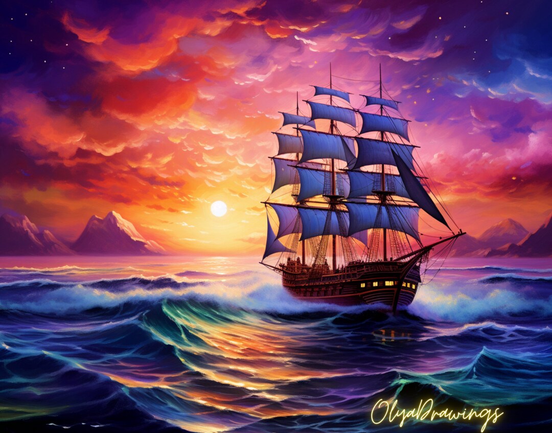 Sailing Ship Sailboat at Sunset Pirate Ship Digital Art Prints Ship Art ...