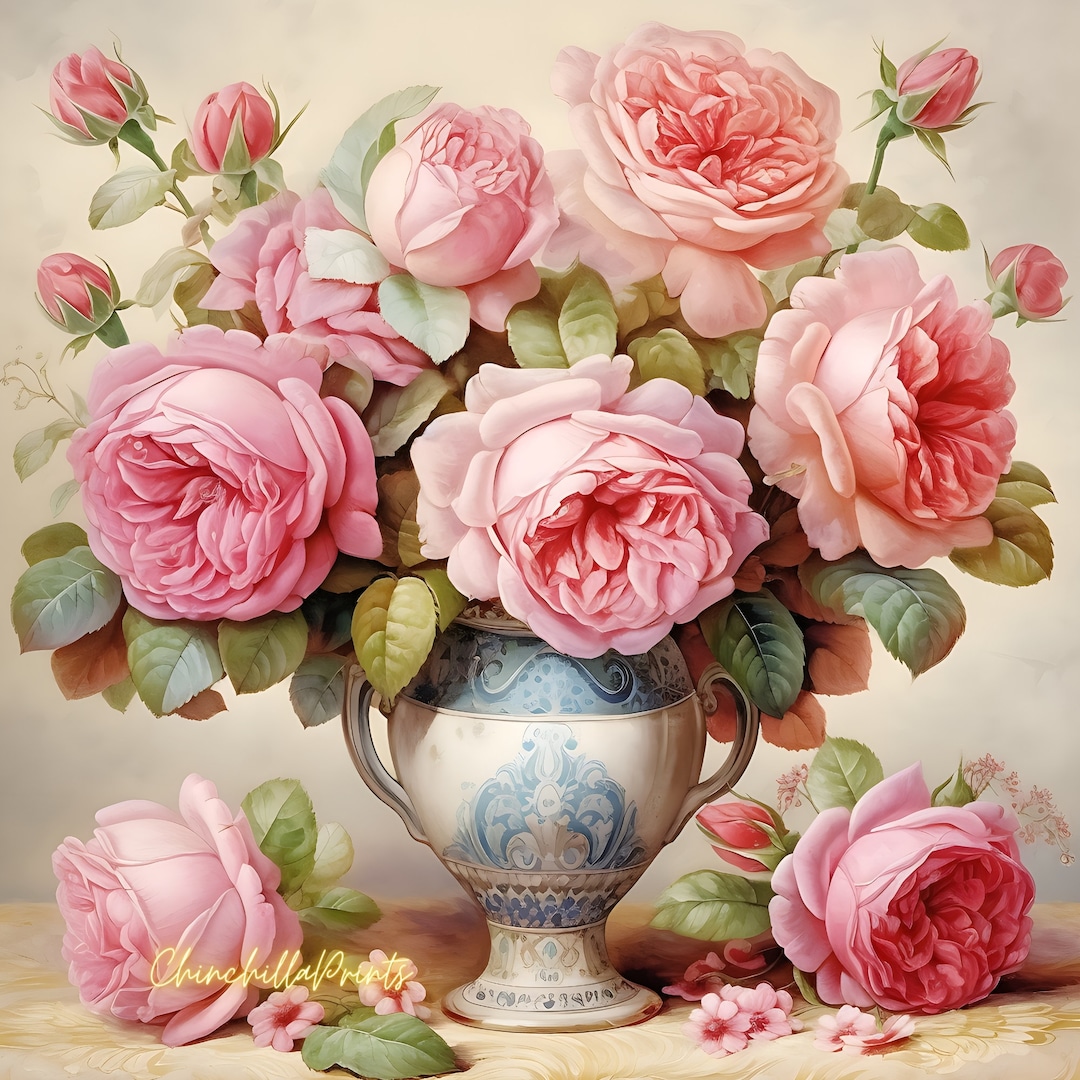 Shabby Chic Pink Rose Vintage Roses in a Clay Vase in Shabby Chic Style ...