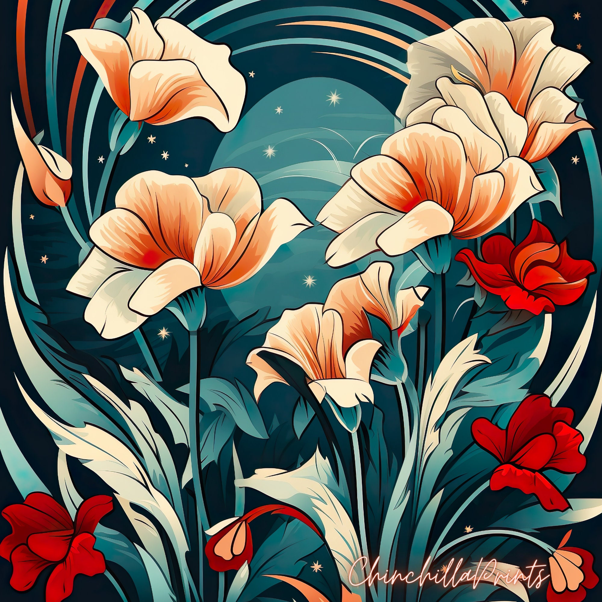 Art Deco Flowers Abstract Art Deco Wall Art Floral Peacock Vintage ...