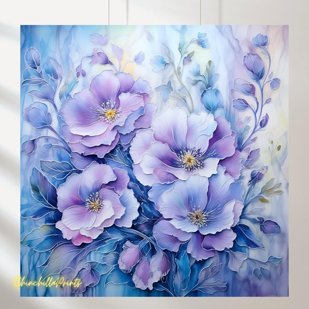 Chinoiserie Violet Flower Painting: Set of 2, Vivid Wall Art (digital ...