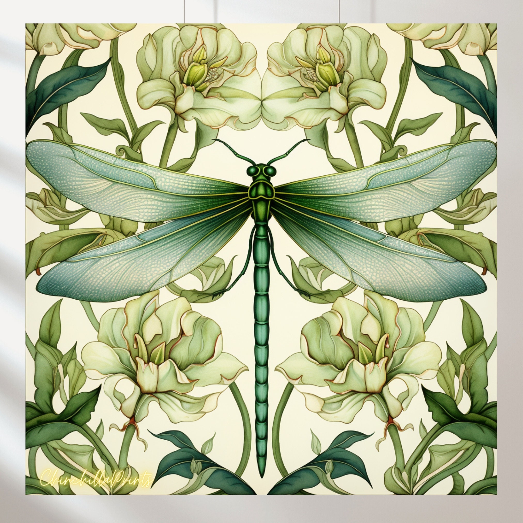 Set of 5 Art Nouveau Dragonfly Print: William Morris Style Floral Wall ...