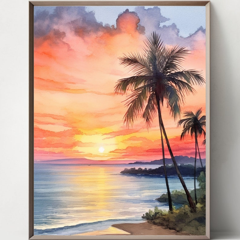 Ocean Sunset Picture, Watercolor Sunset, Watercolor Sunset Painting ...