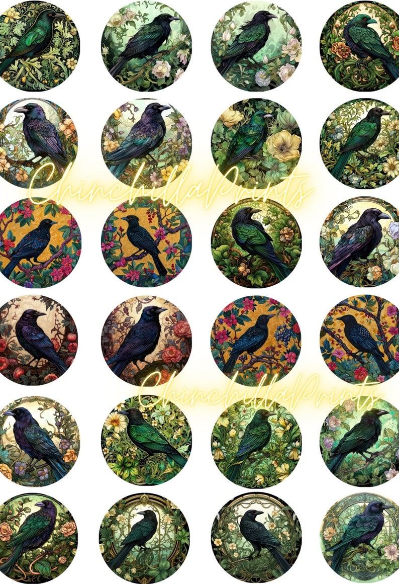 Raven 1.5in, 1.7in, 1.78in Printable Images Digital Round Cabochons ...