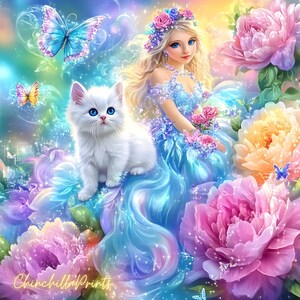Princess and White Cat Art Print: Colorful Fairytale (digital Download ...