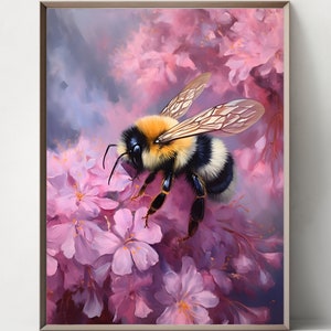 Bee Art Print, Bee in Pink Flowers, Bee Impasto, Bee Painting, Bee ...