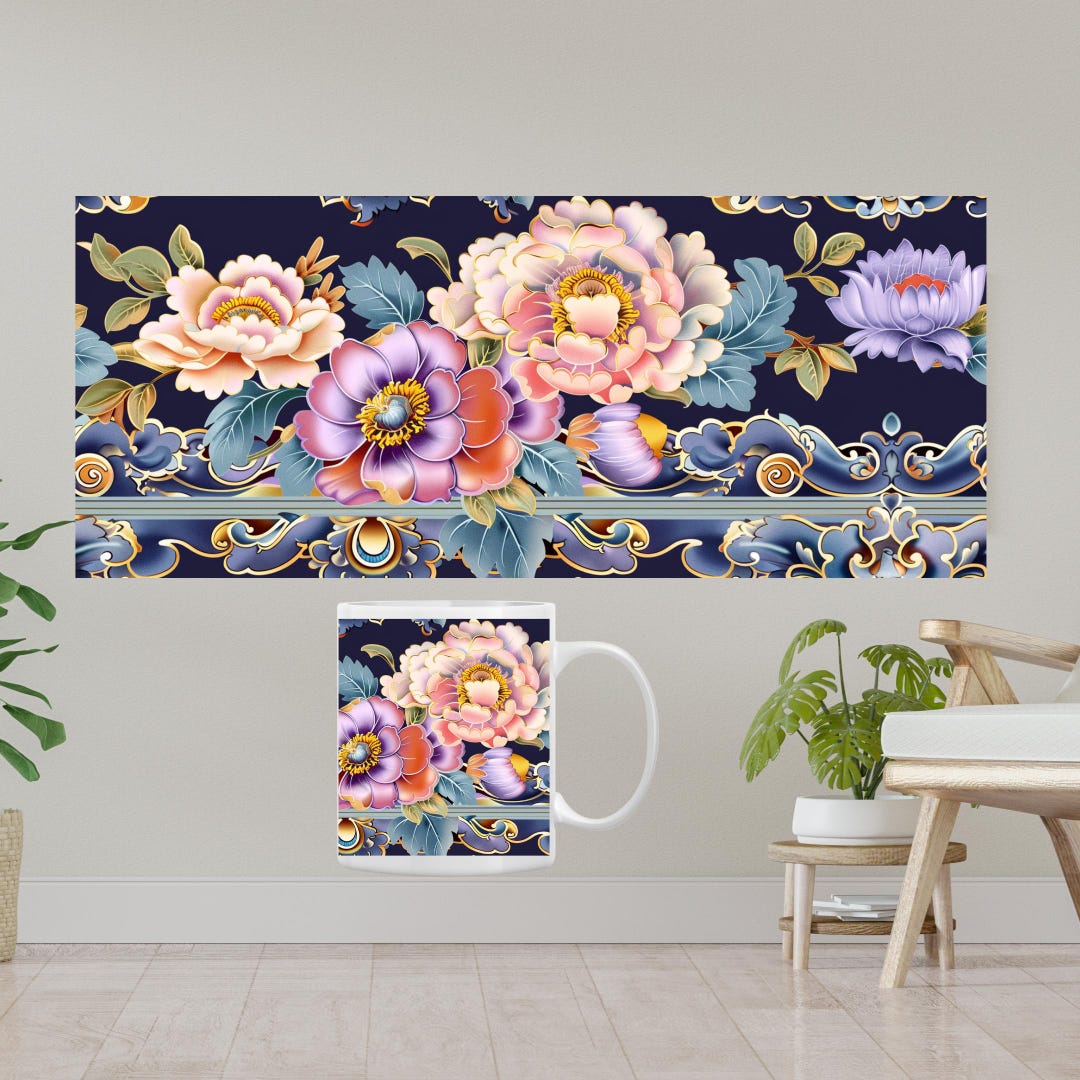 Floral Cup Design Wall Art: Seamless Illustration (digital Download) - Etsy